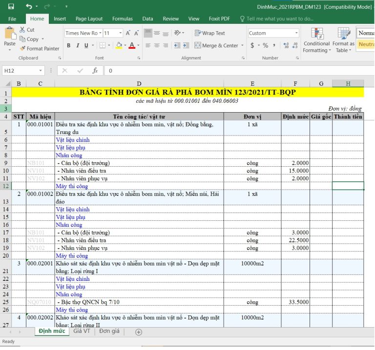 Tải file Excel định mức rà phá bom mìn thông tư 123/2021/TT-BQP