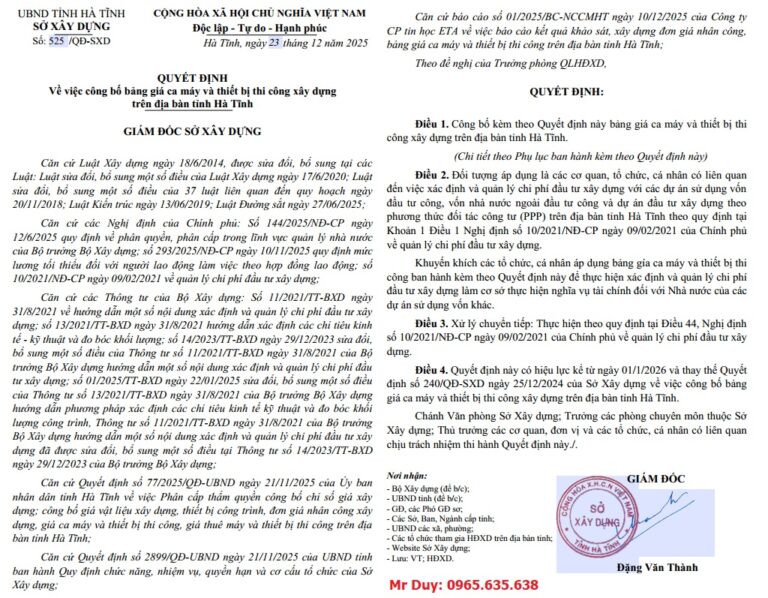 Bảng giá ca máy Hà Tĩnh năm 2026 Quyết định 525/QĐ-SXD